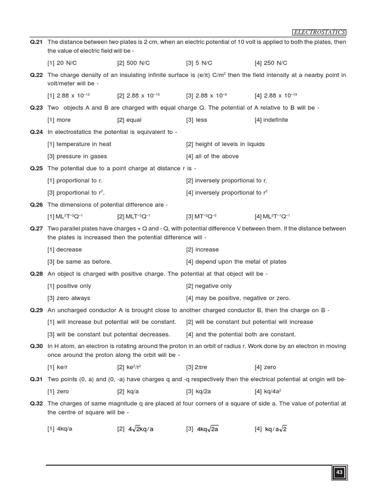 Electrostatics Multiple Choice Questions | PDF | Electric Charge | Electrostatics