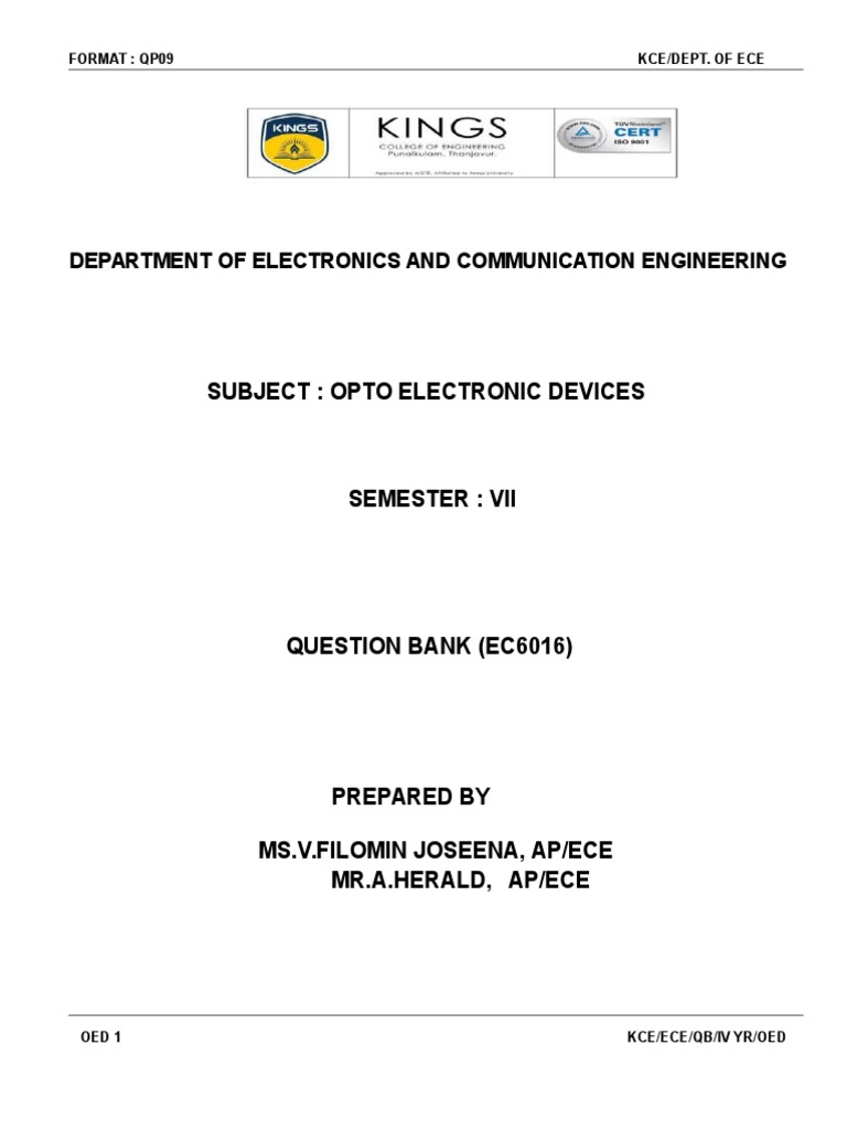 Subject: Opto Electronic Devices: Department of Electronics and ...