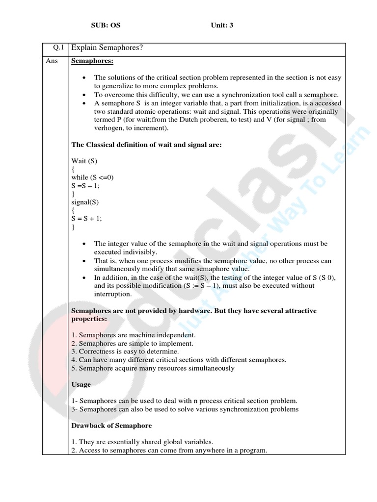 Explain Semaphores?: Sub: Os Unit: 3 | PDF | Areas Of Computer Science | Concurrency (Computer ...