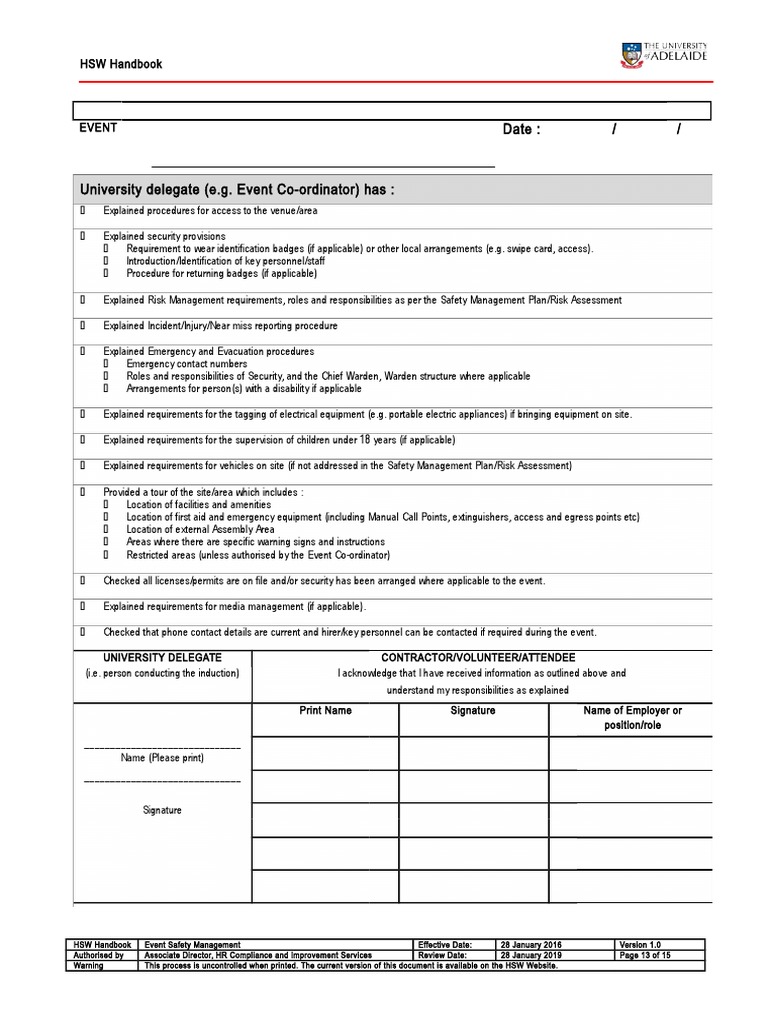 Events Safety Management: Induction Checklist Appendix D: Date | PDF ...