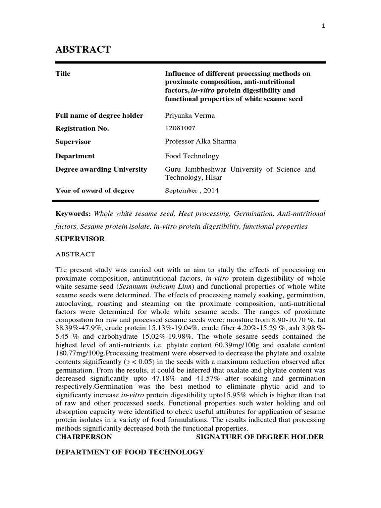 Factors, Sesame Protein Isolate, In-Vitro Protein Digestibility ...