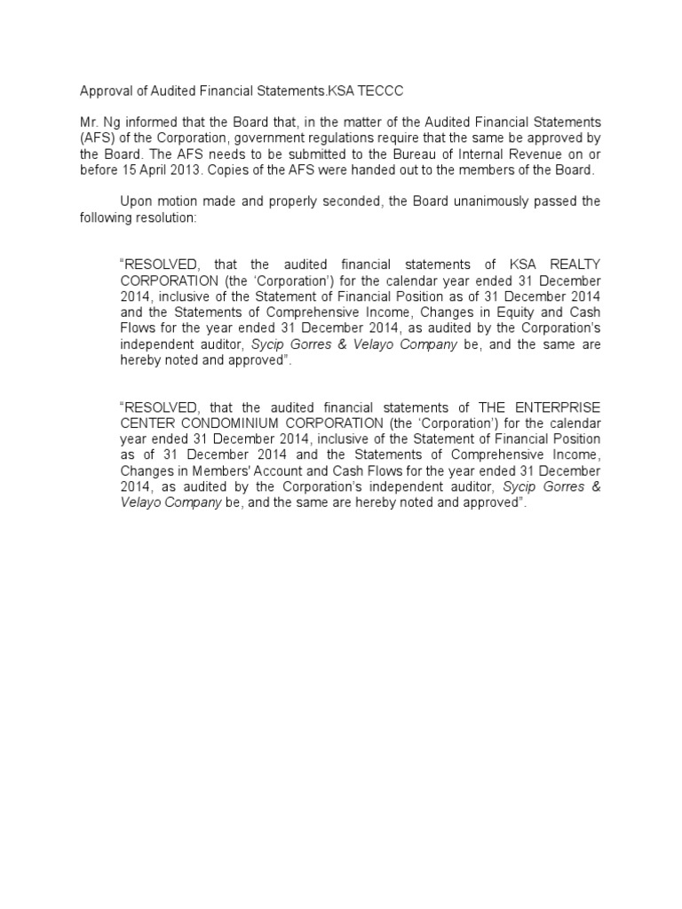 Approval of Audited Financial Statements | PDF