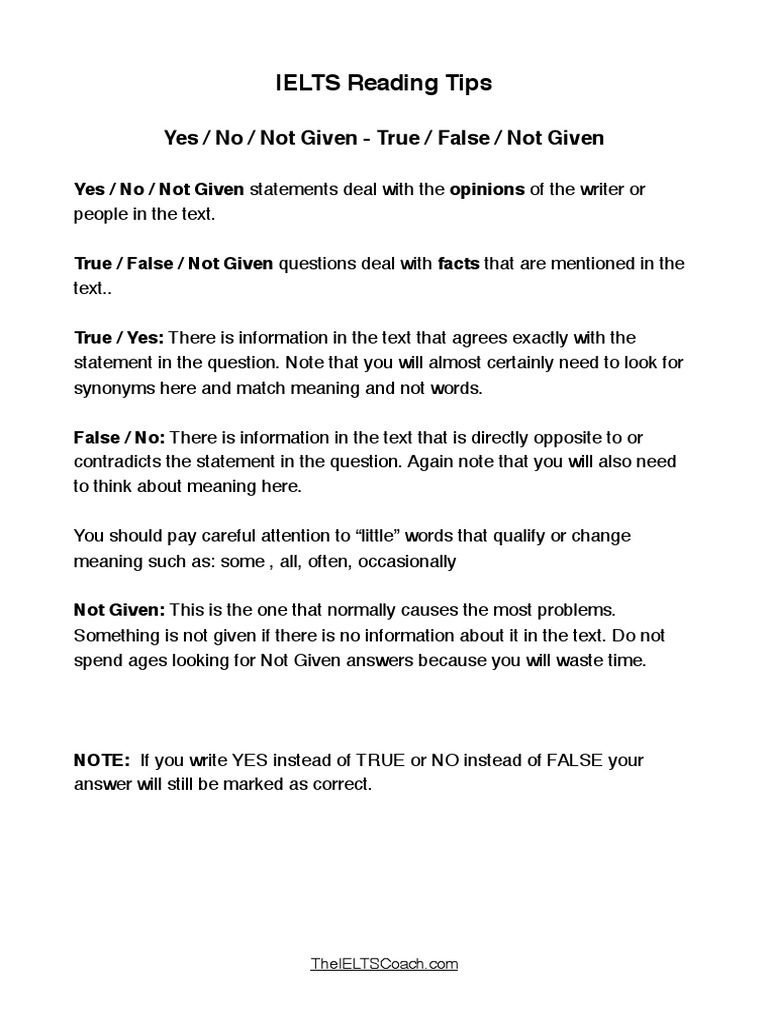 IELTS Reading: Yes/No & True/False Tips | PDF | Question | Cognition