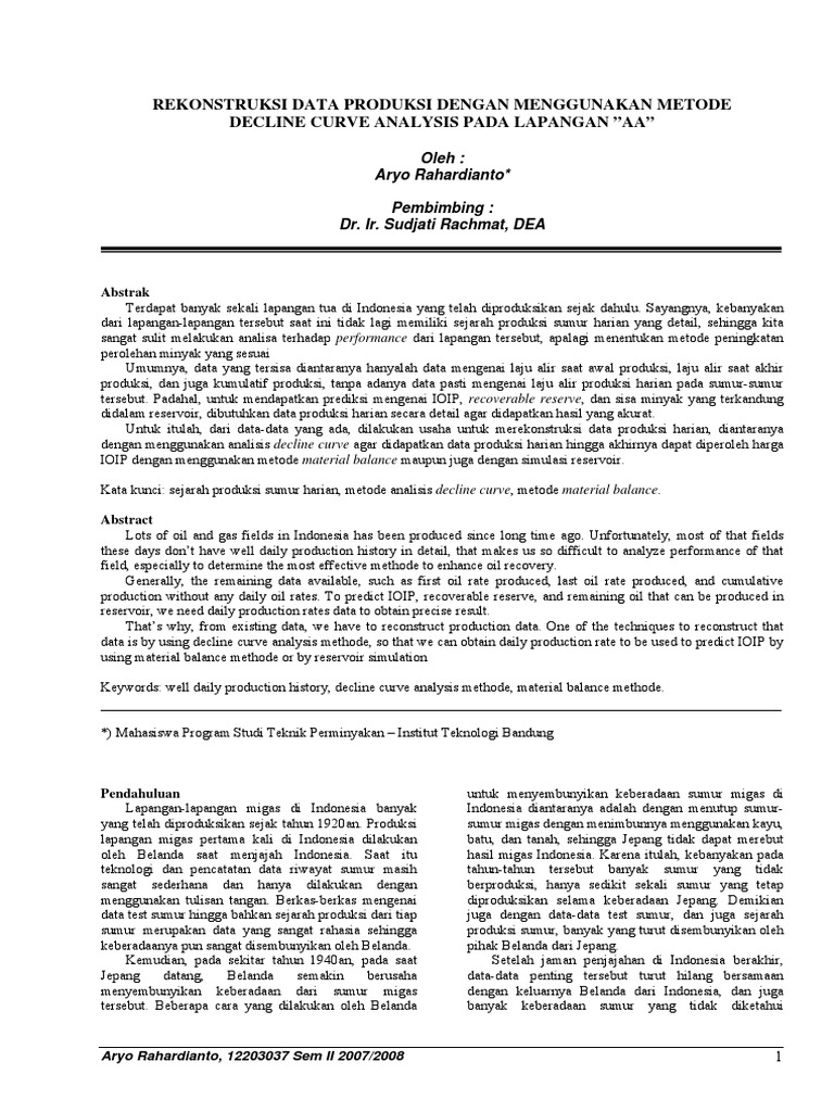 Rekonstruksi Data Produksi Dengan Menggunakan Metode Decline Curve ...