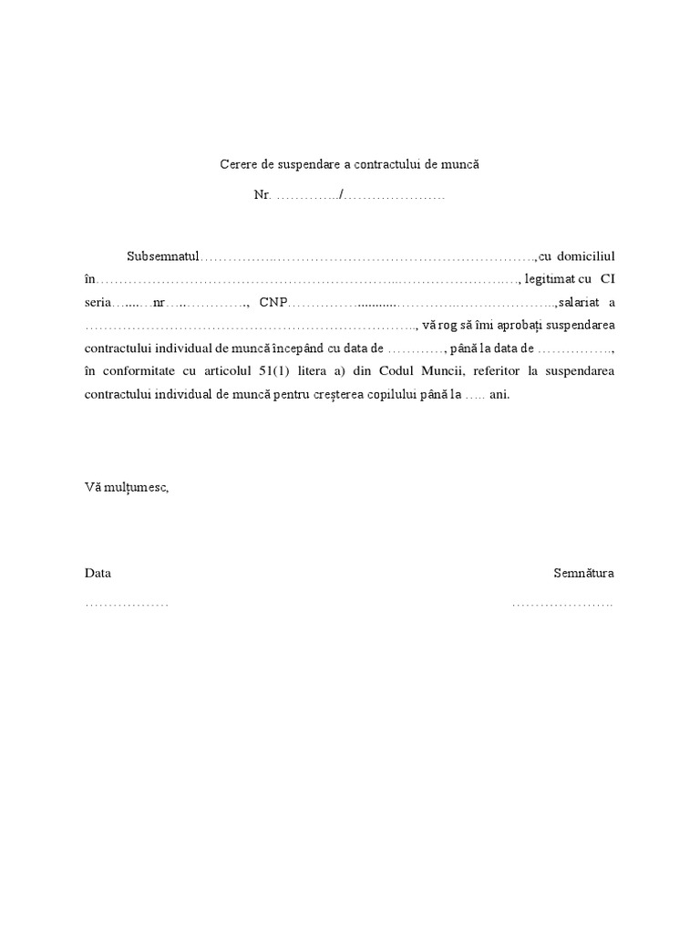 Cerere de Suspendare A Contractului Individual de Munca Pentru ...