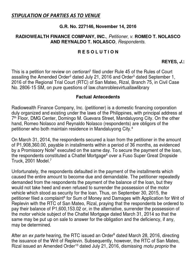 Stipulation of Parties As To Venue | PDF | Lawsuit | Complaint