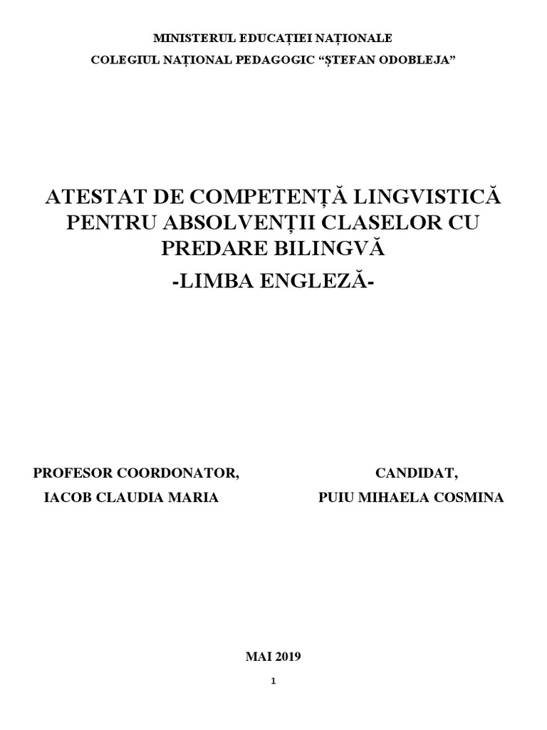 Atestat de Competență Lingvistică Pentru Absolvenții Claselor Cu ...