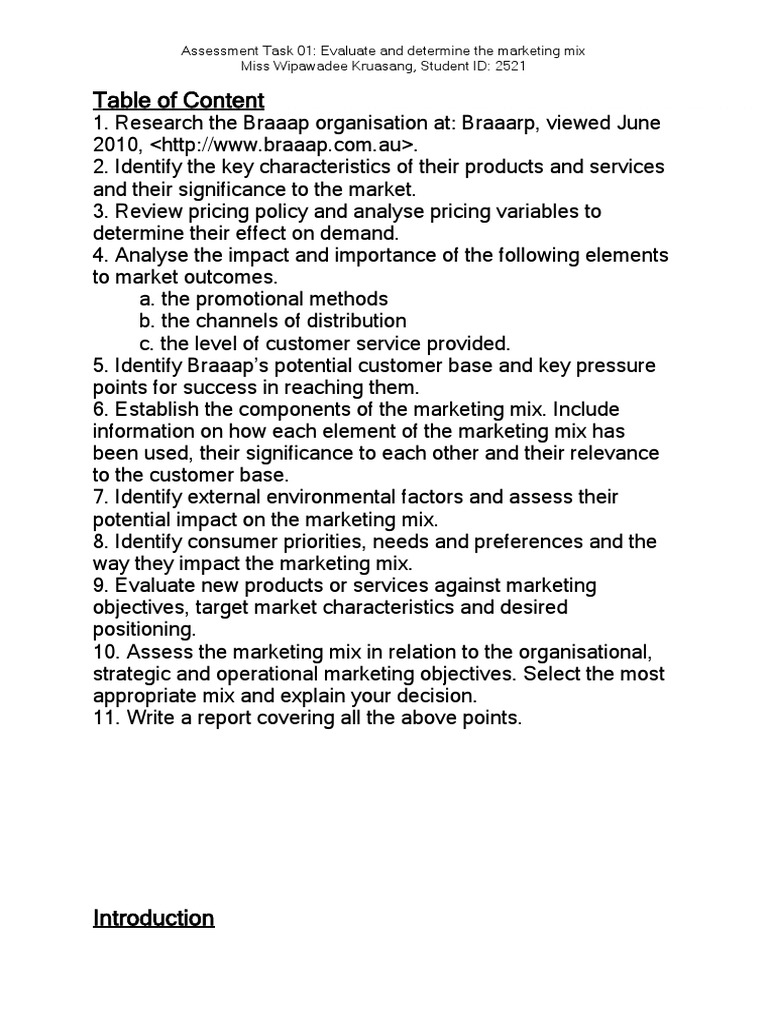 Assessment-Task-01 BSBMKG502 Establish and Adjust The Marketing Mix ...