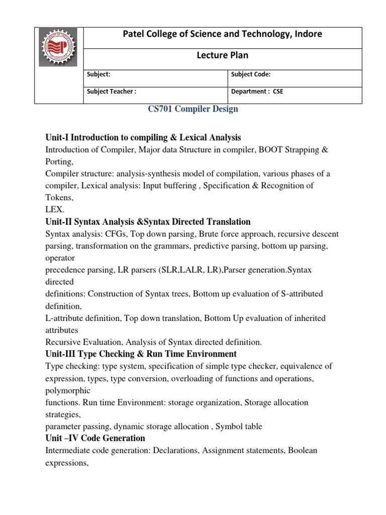 CS701 Compiler Design Lecture Plan | PDF | Parsing | Internet Protocol ...