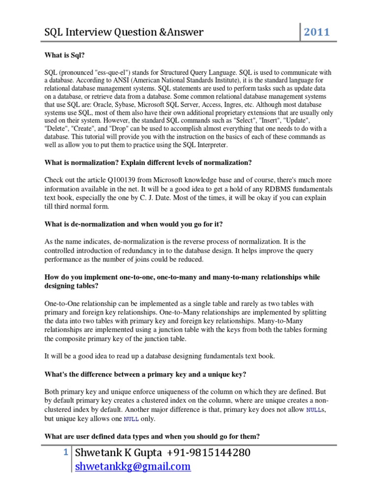 Sql Interview Question Andanswer Null Null Pdf Database Index Microsoft Sql Server