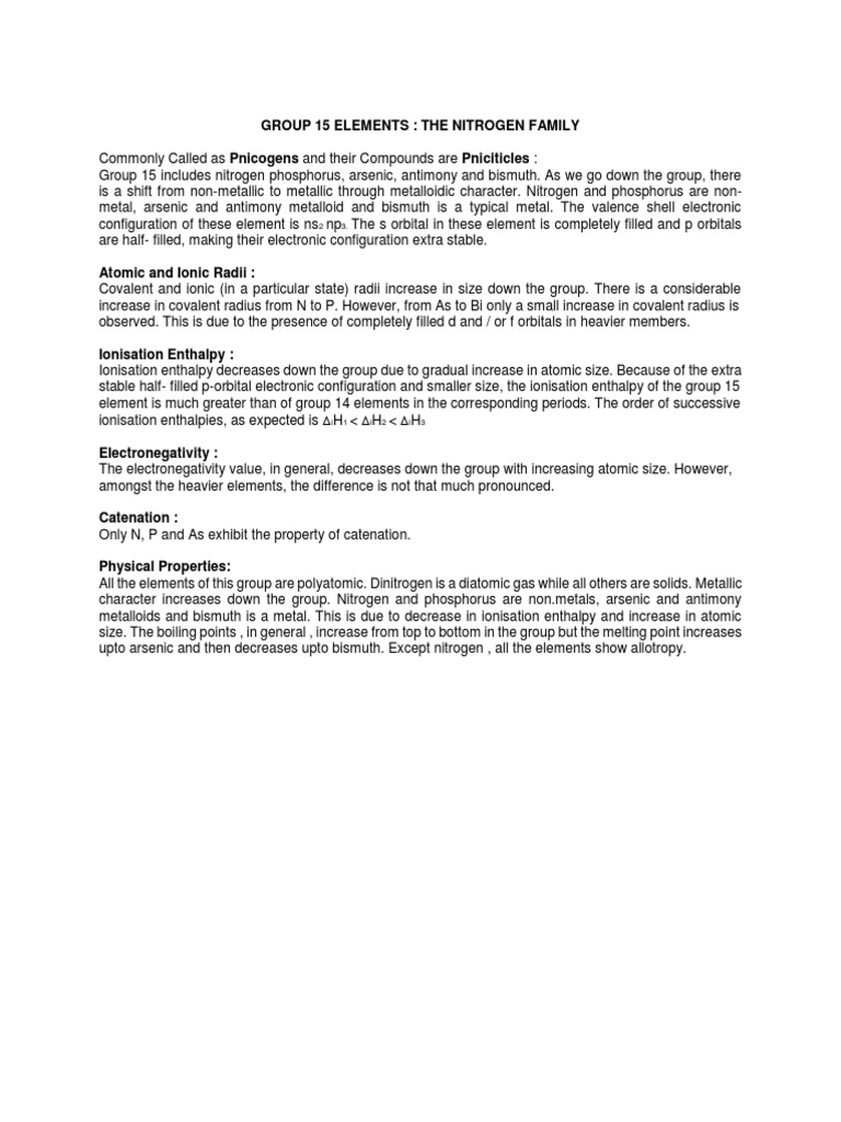 Group 15 Elements: The Nitrogen Family | PDF