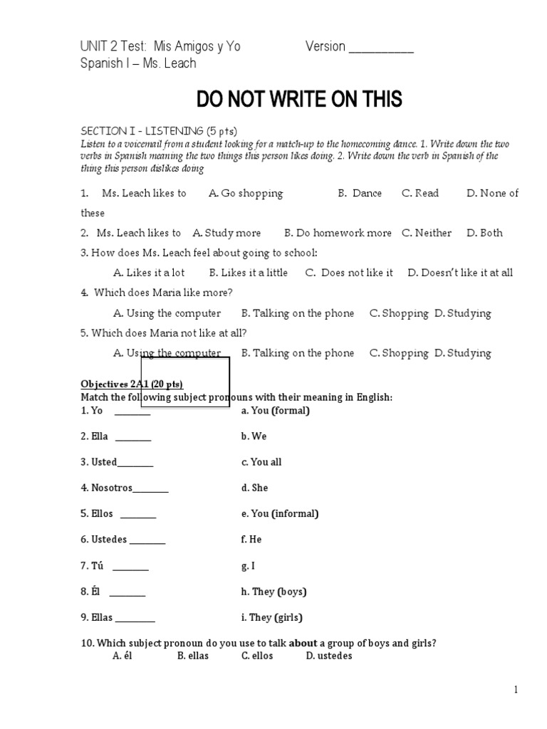 Do Not Write On This: UNIT 2 Test: Mis Amigos y Yo Version - Spanish I ...