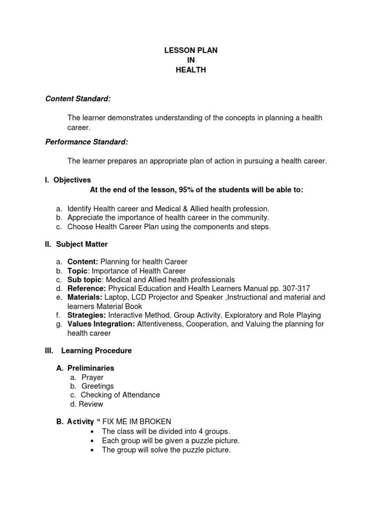 Planning For Health Career | PDF | Nonverbal Communication | Lesson Plan