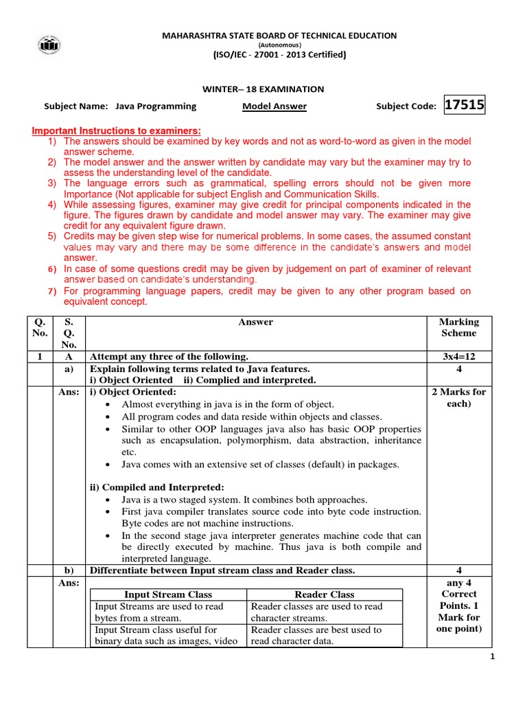 Java Programming Model Answer Winter 2018 | PDF | Method (Computer Programming) | Inheritance ...