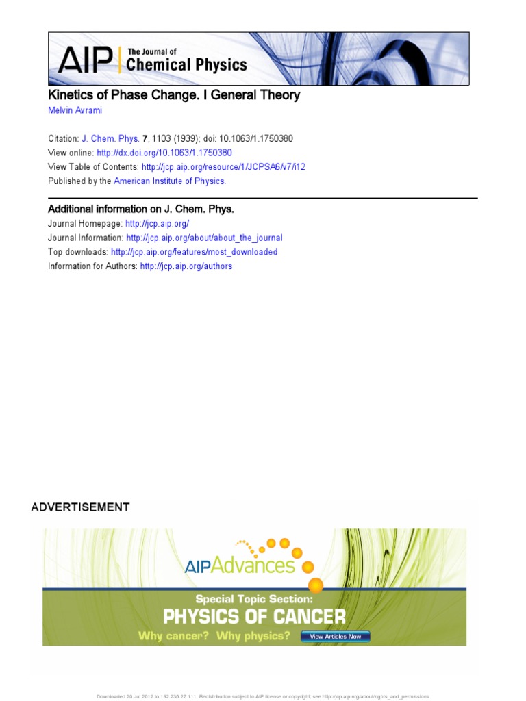 Kinetics of Phase Change. I General Theory: Additional Information On J ...