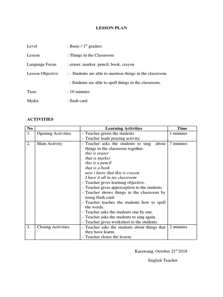 Lesson Plan Things in The Classroom | PDF | Lesson Plan | Classroom