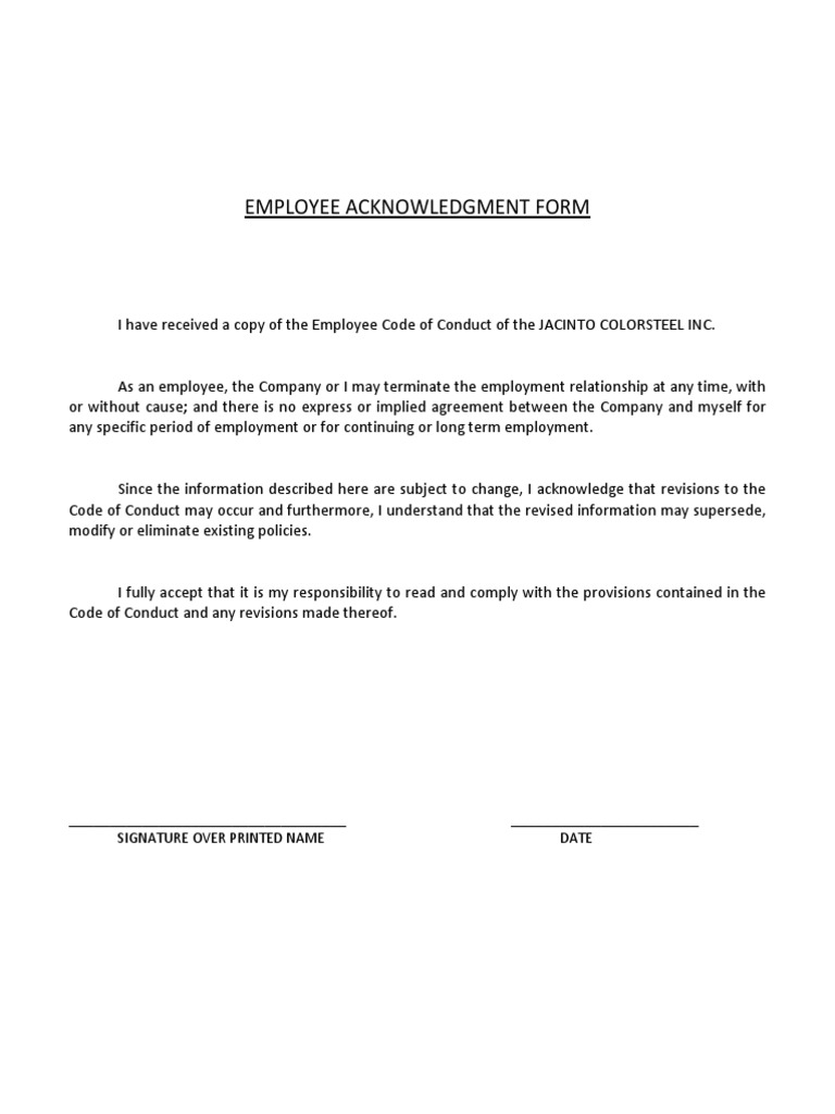 Employee Acknowledgment Form | PDF | Employment | Business Law