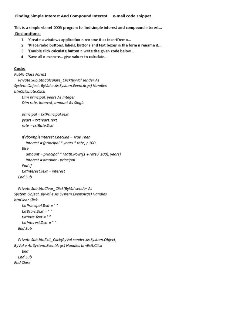 Finding Simple Interest and Compound Interest Using VB | PDF