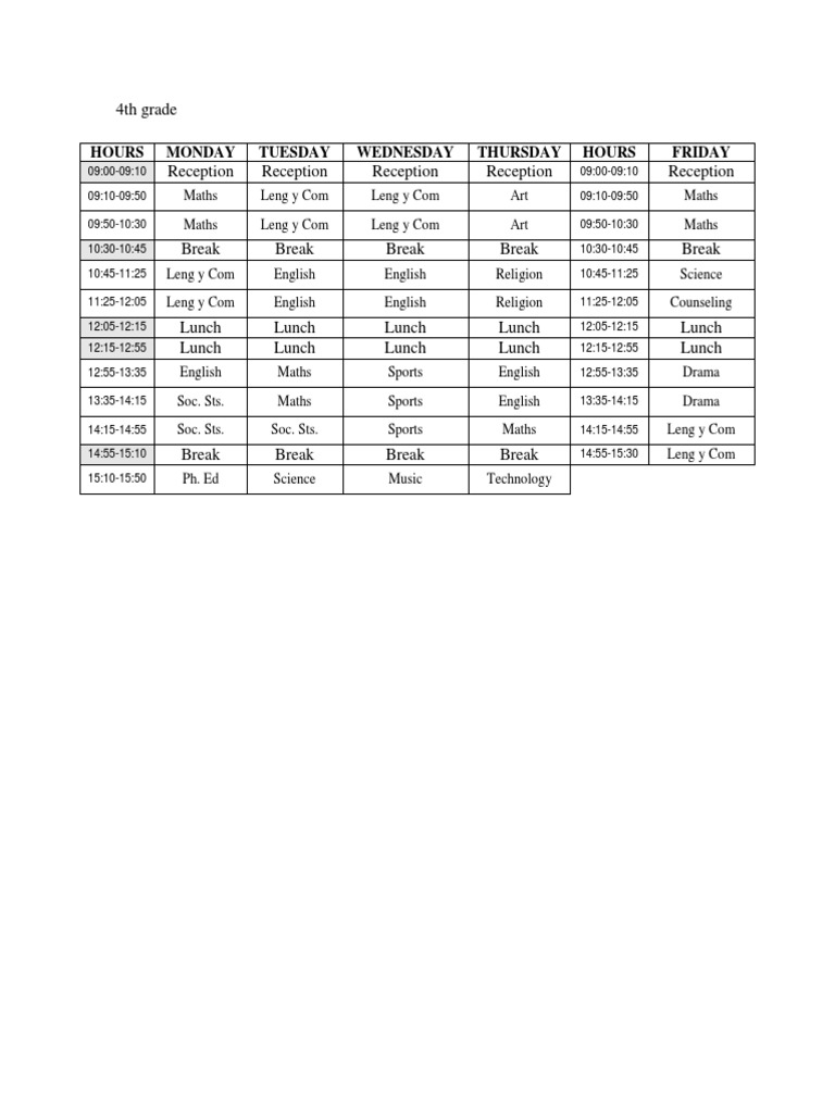 4th Grade Weekly Class Schedule | PDF