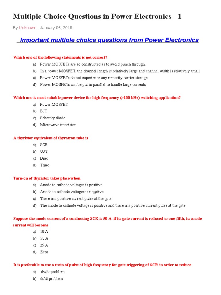 Multiple Choice Questions in Power Electronics - 1 | PDF | Power ...