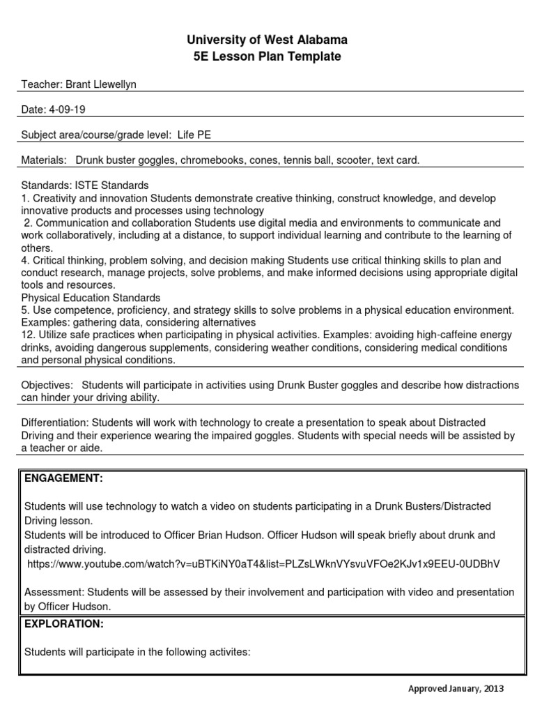 University of West Alabama 5E Lesson Plan Template: Engagement | PDF ...