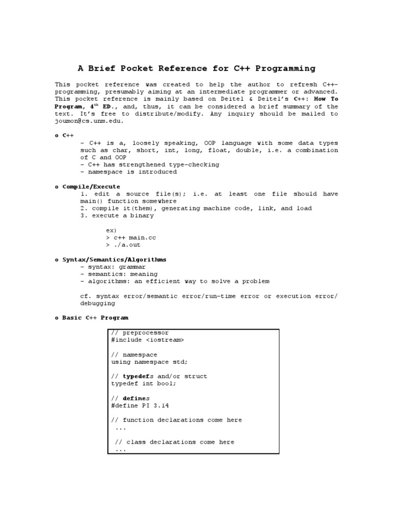A Brief Pocket Reference For C++ Programming: Program, 4 ED., And, Thus ...