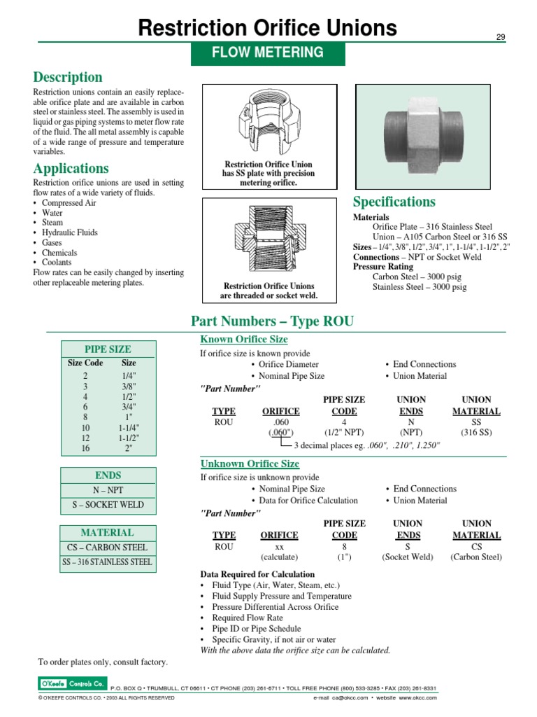 Restriction Orifice Unions: Description | PDF | Flow Measurement | Pipe ...