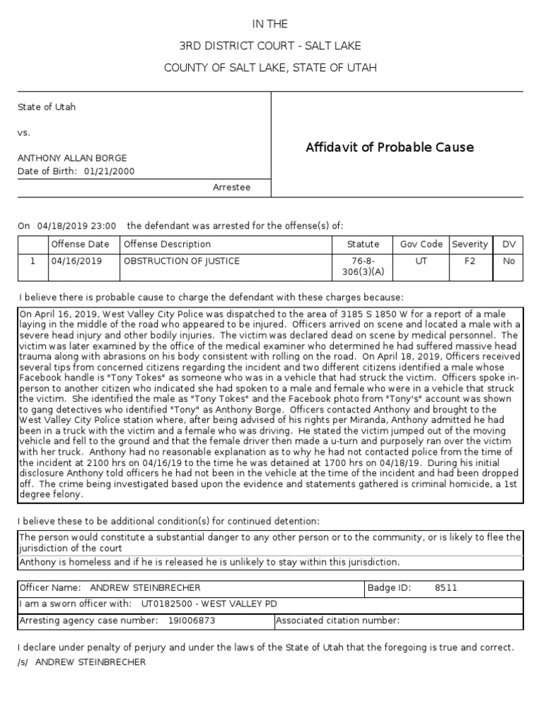 Anthony Borge PC Statement | PDF | Arrest | Deviance (Sociology)