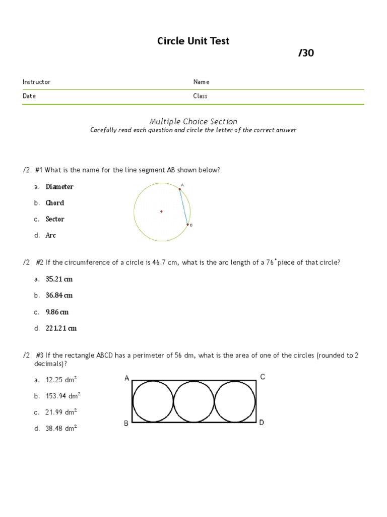 Circle Unit Test /30: Multiple Choice Section | PDF