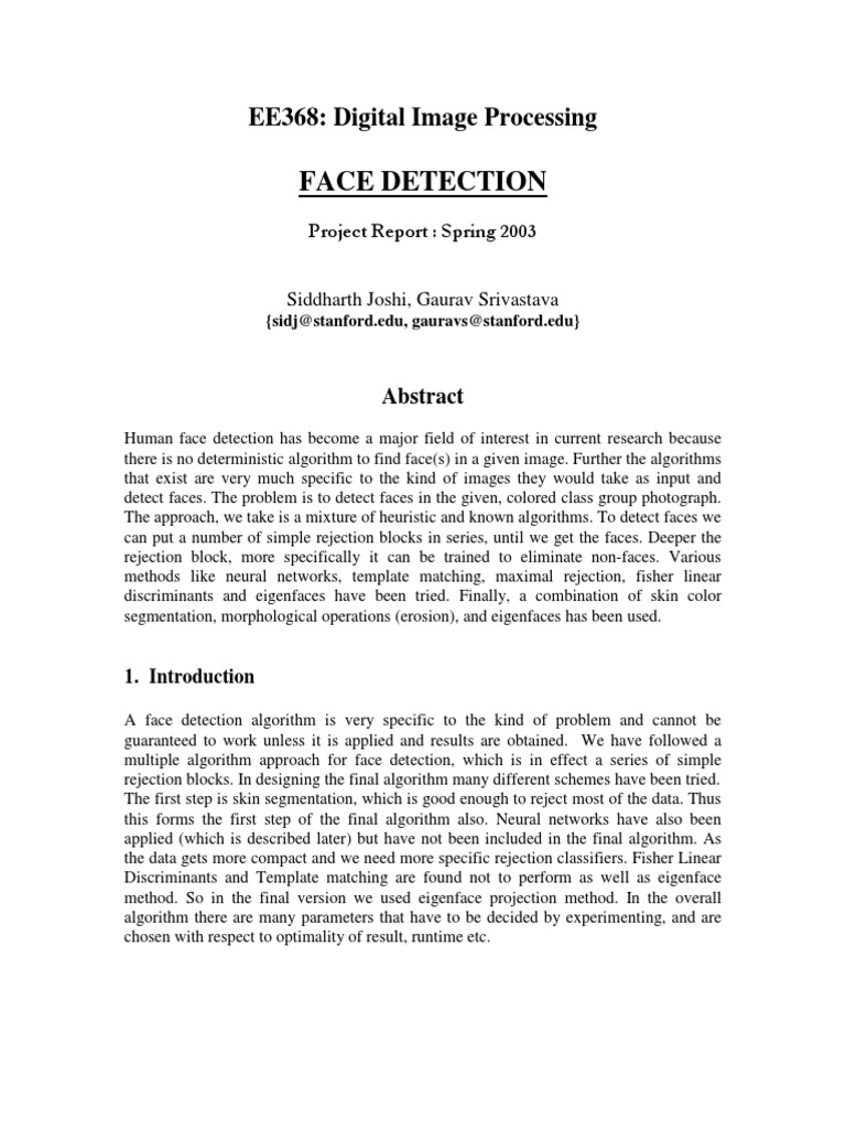 Face Detection: EE368: Digital Image Processing | PDF | Image Segmentation | Eigenvalues And ...
