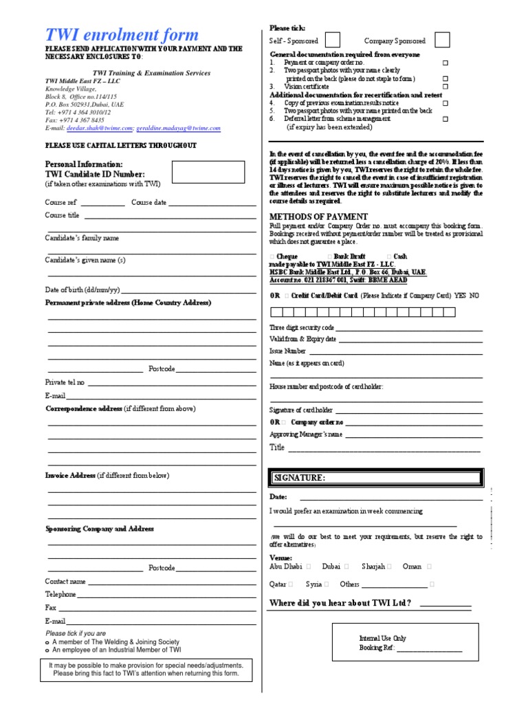 TWI Enrolment Form for Welding Inspector Certification and Training ...