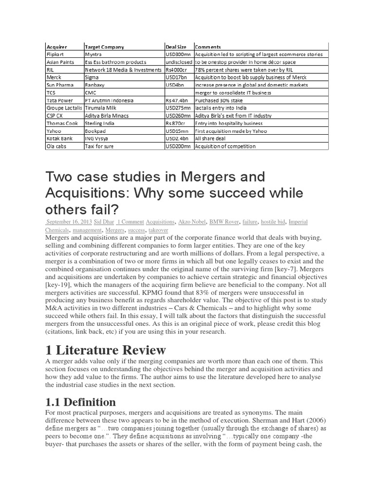 Two Case Studies in Mergers and Acquisitions: Why Some Succeed While ...