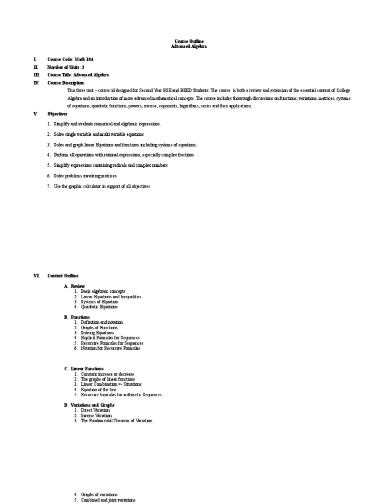 Advanced Algebra Course Outline | PDF | Matrix (Mathematics ...
