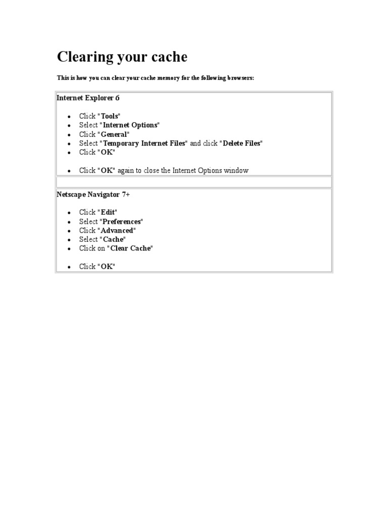 Clearing Your Cache: Internet Explorer 6 | PDF