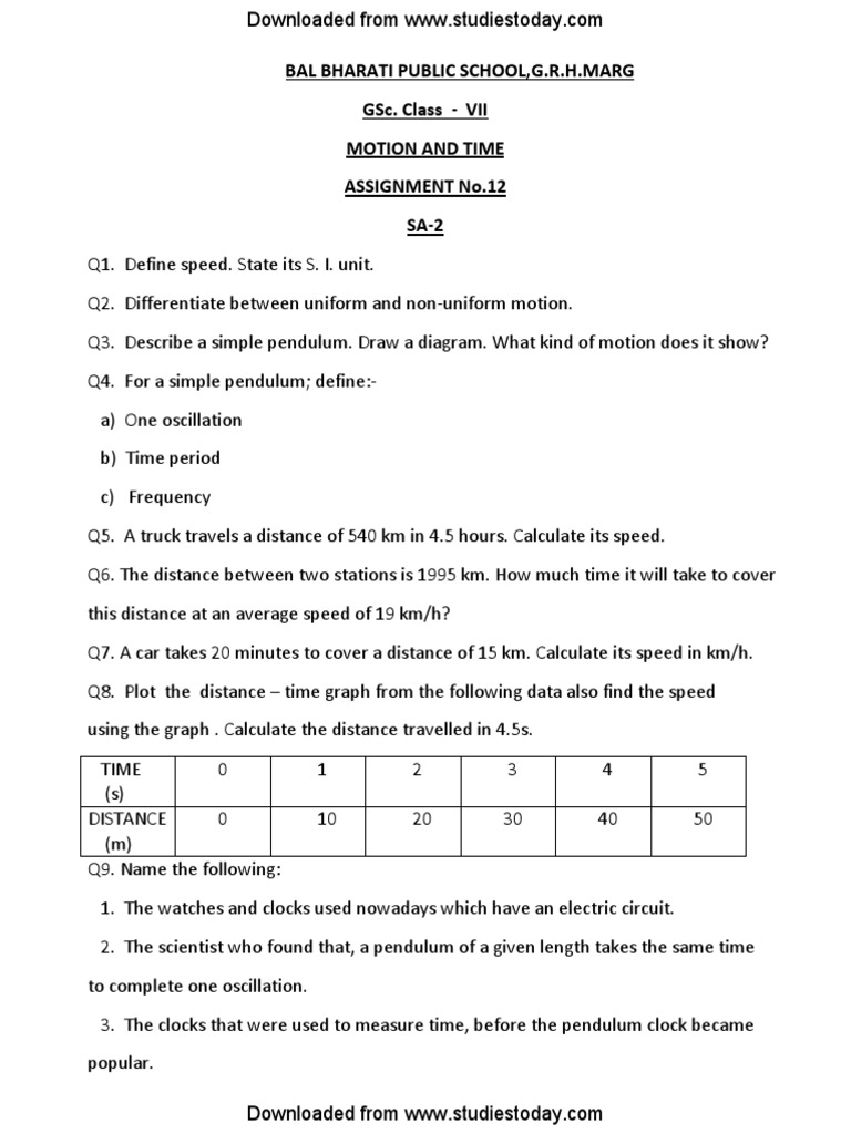CBSE Class 7 Science Worksheet (12) - 0 | PDF | Speed | Pendulum