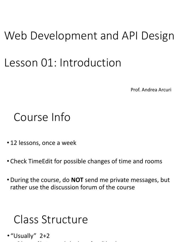 Web Development and API Design Lesson 01: Introduction: Prof. Andrea Arcuri | PDF | Java Script ...