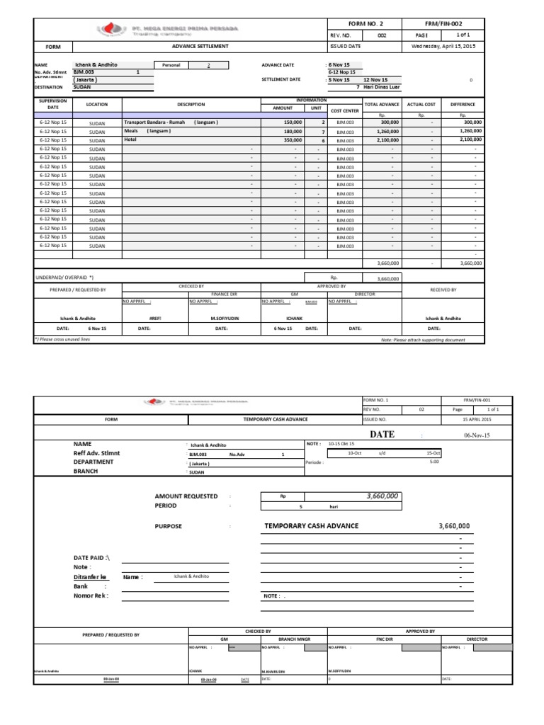 Temporary Cash Advance Settlement Form | PDF | Business