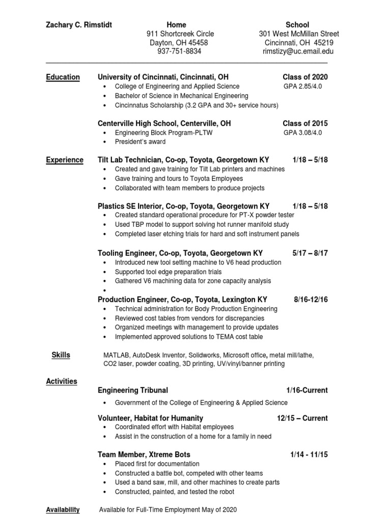 Zack Rimstidt Resume 03-26-19 | PDF | Engineering