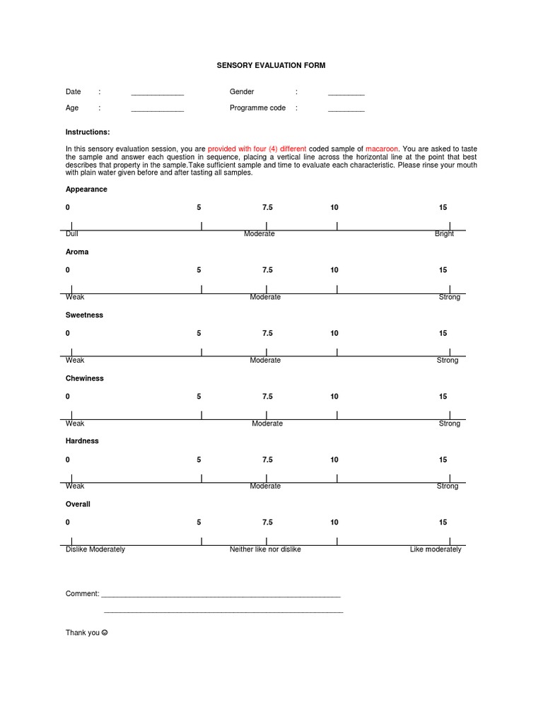 Sensory Evaluation Form: Provided With Four (4) Different Macaroon | PDF
