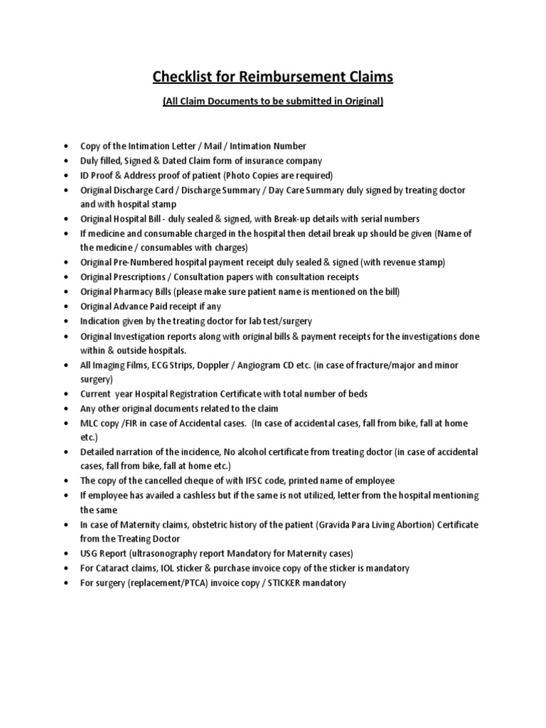 Checklist For Reimbursement Claims: (All Claim Documents To Be ...