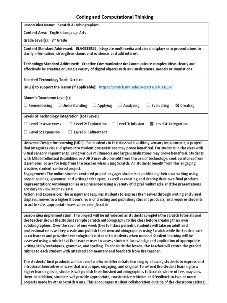 Itec - 13 Coding Lesson Idea Template Final | PDF | Scratch (Programming Language) | Teachers