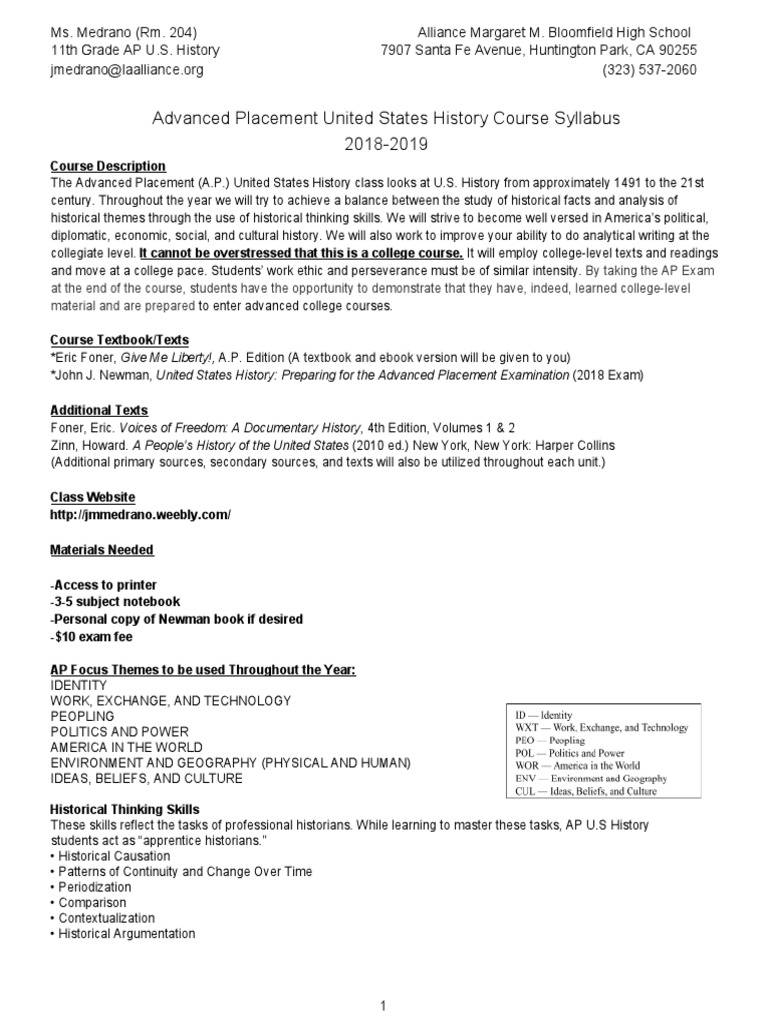 Apush Syllabus 2018-2019 | PDF | Advanced Placement | Progressivism