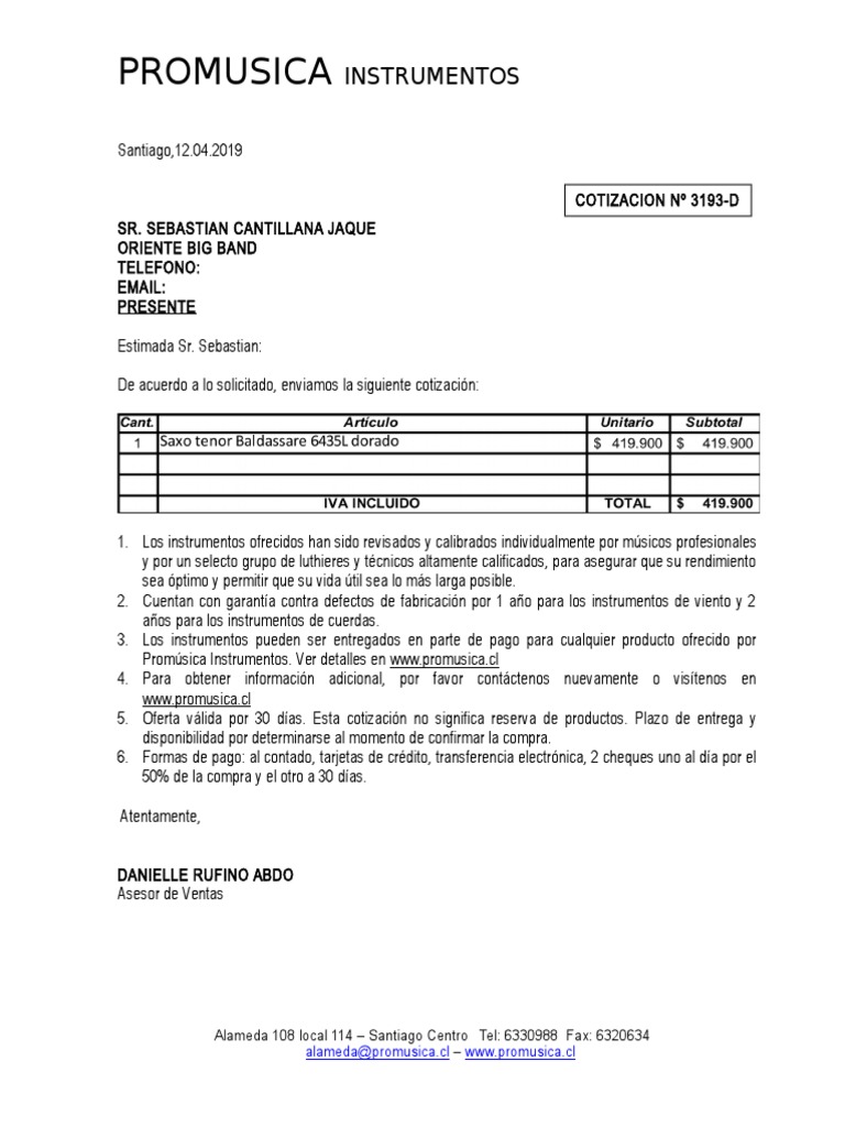 Cotización de instrumentos musicales para la banda Oriente Big Band | PDF