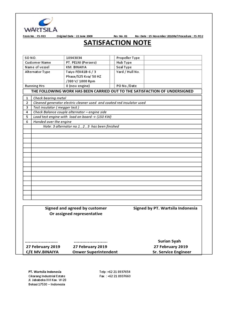 Satisfaction Note: The Following Work Has Been Carried Out To The ...