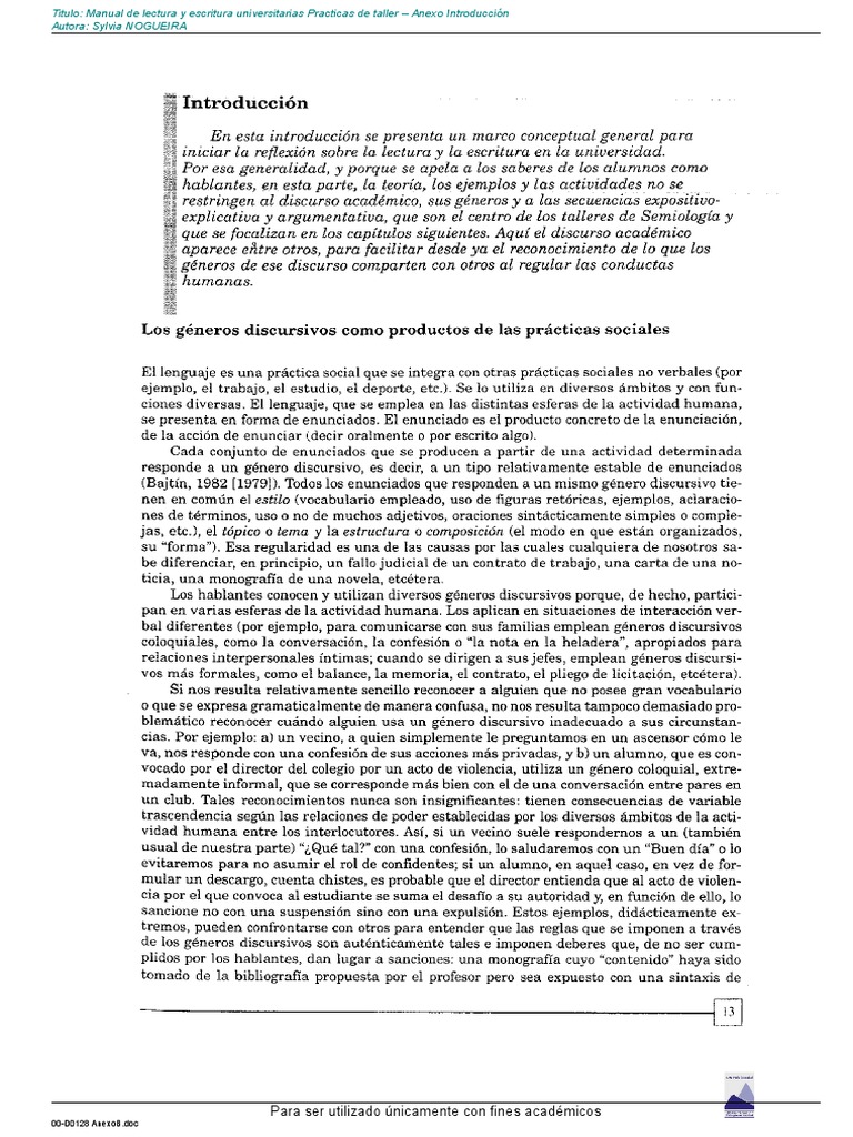 Manual de Lectura y Escritura Universitarias Practicas de Taller Anexo Introduccion PDF | PDF