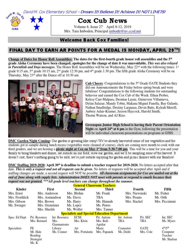 Cox Cub News: Welcome Back Cox Families! Final Day To Earn Ar Points ...