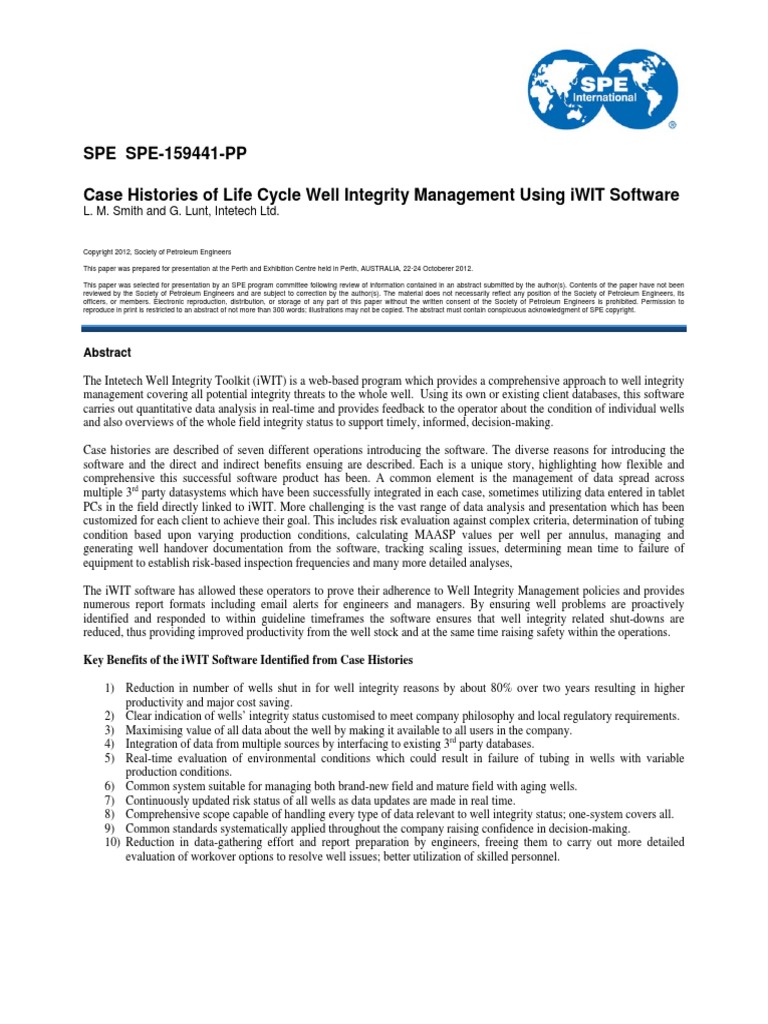 Case Histories of Life Cycle Well Integrity Management Using iWIT ...