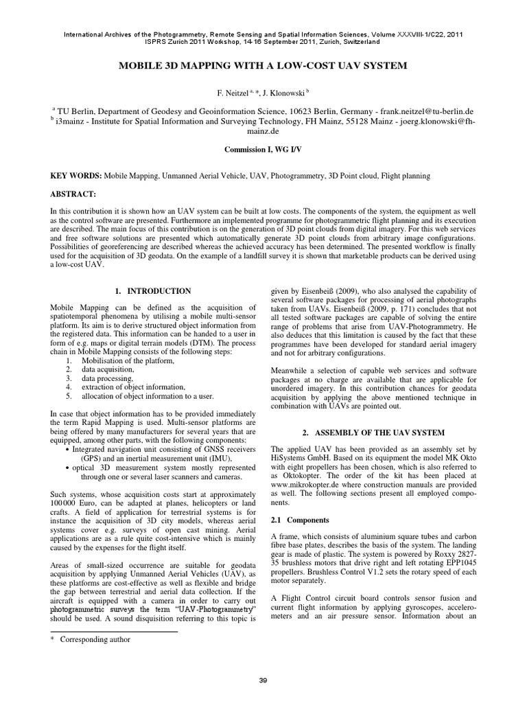Mobile 3D Mapping With A Low-Cost UAV System | PDF | Unmanned Aerial ...