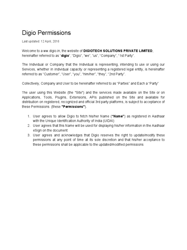 Digio Permissions: Digiotech Solutions Private Limited Digio | PDF