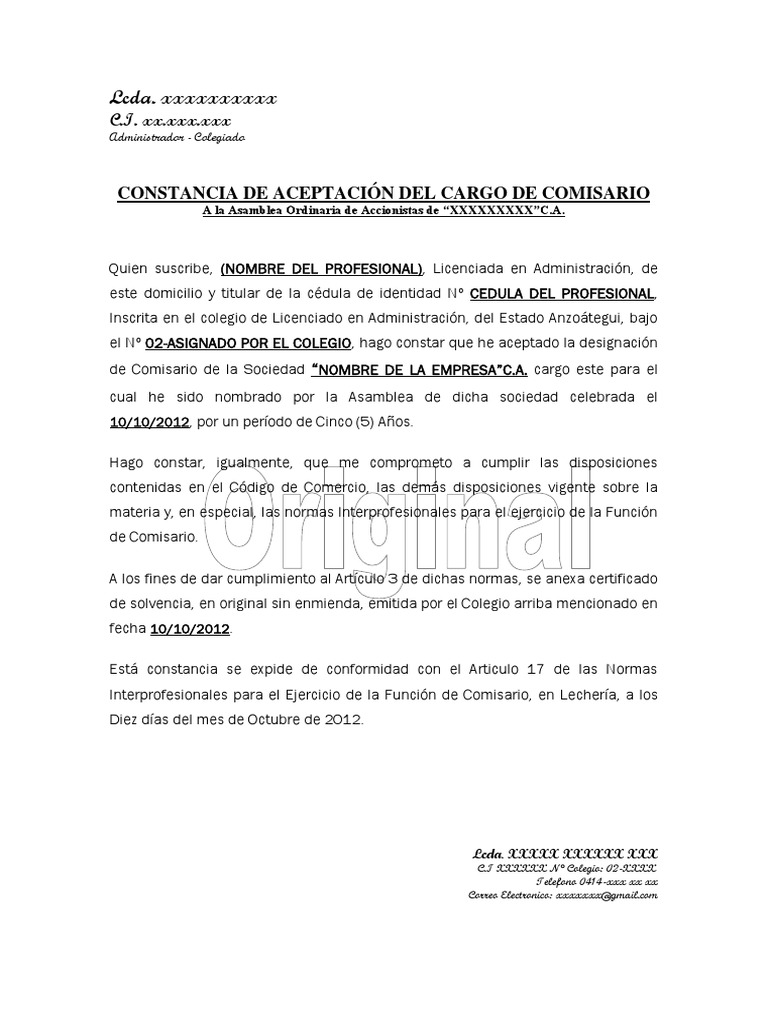 Carta de Aceptación de Cargo de Comisario | PDF | Gobierno
